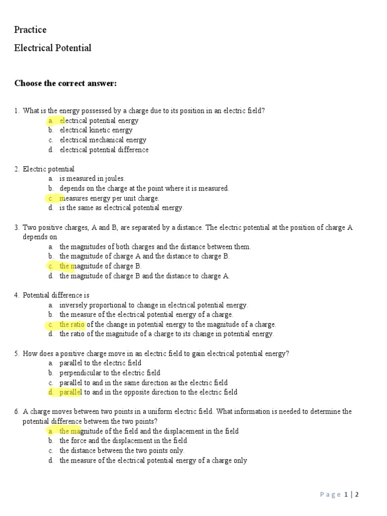 Electric Potential Practice Ohoud Yousif 11A | PDF | Electric Field | Potential Energy
