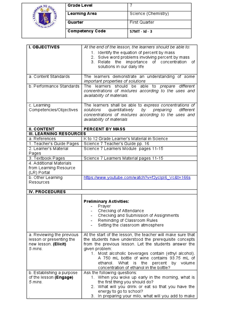Grade 7 Chemistry: Percent by Mass | PDF | Mass Concentration ...