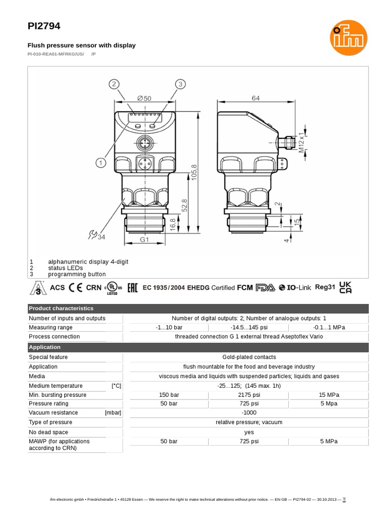 Flush Pressure Sensor with Display: PI2794 - Technical Specifications and Product Overview | PDF ...