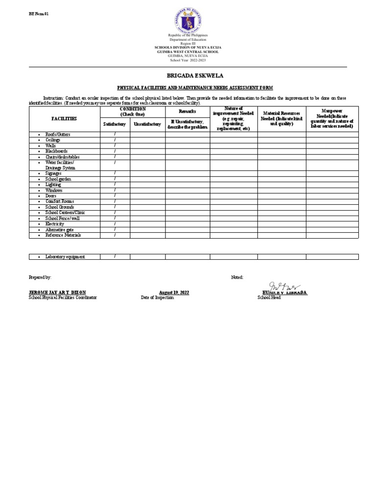 BE Form 1 PHYSICAL FACILITIES AND MAINTENANCE NEEDS ASSESS | PDF