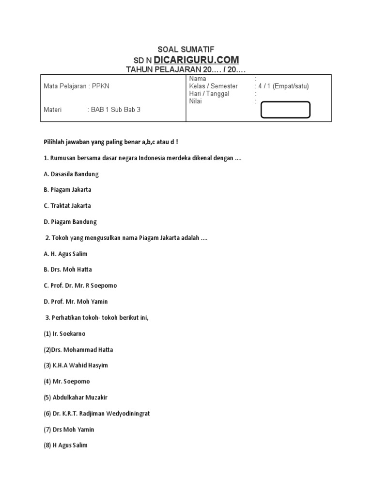 Soal Sumatif PPKN Kls 4 Bab 1-3 | PDF