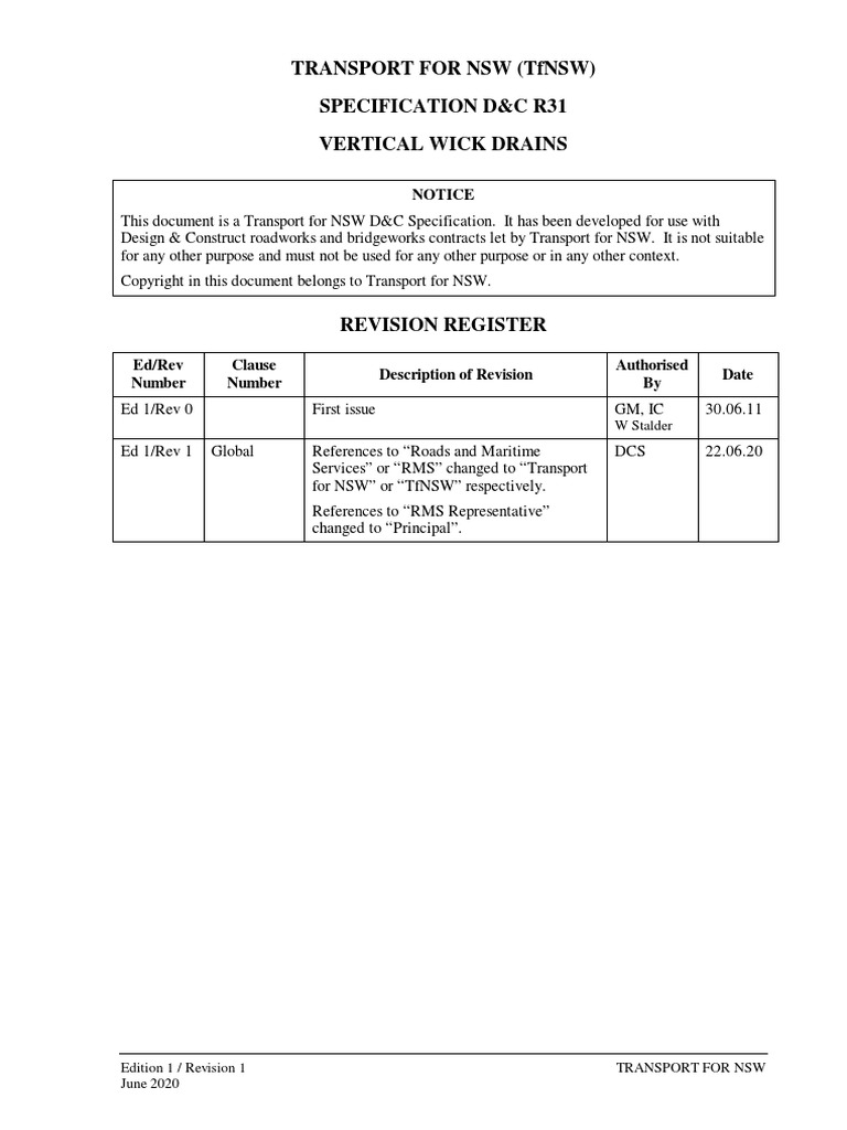 Transport For NSW (TFNSW) Specification D&C R31 Vertical Wick Drains | PDF | Specification ...
