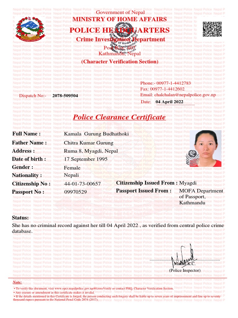 Verification of Criminal Record Status for Kamala Gurung Budhathoki ...