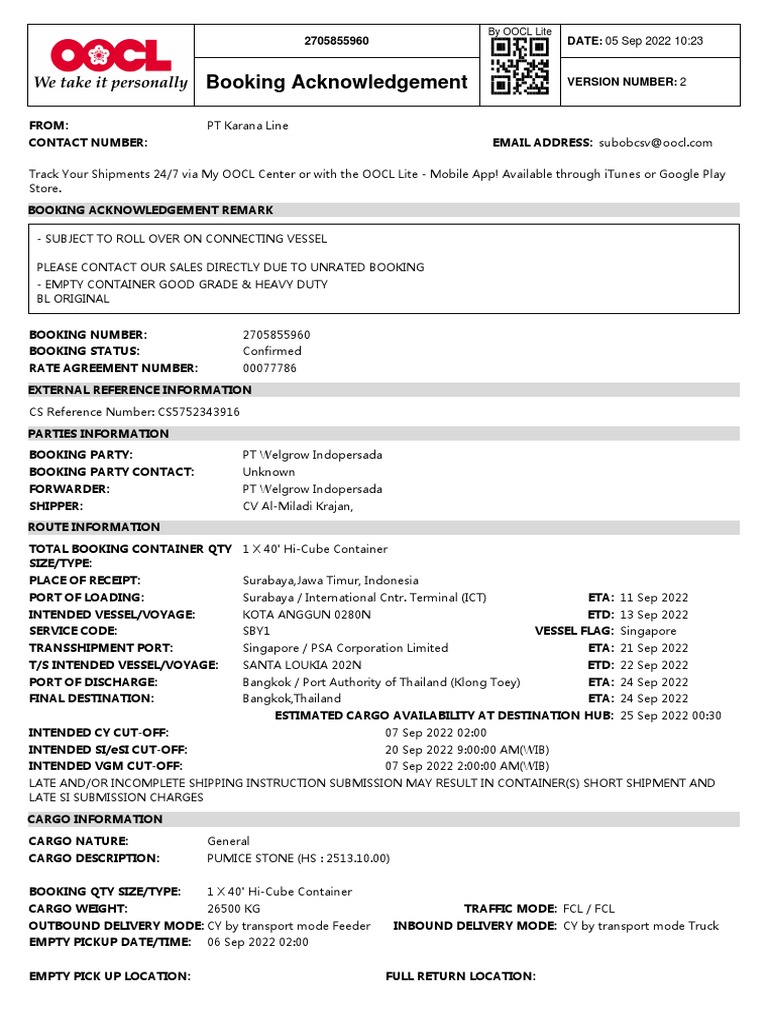 Booking Acknowledgement: 2705855960 Date | PDF | Cargo | Service Industries