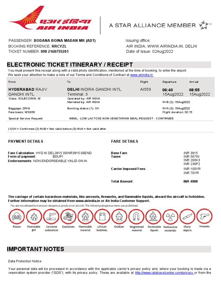 Air India Web Booking ETicket (RRCYZL) - MADAN | PDF