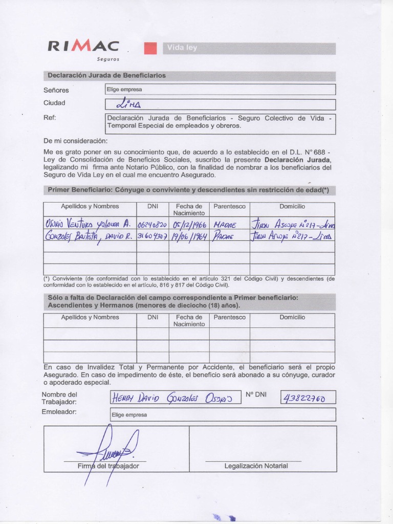 03 - (Obligatorio) - Declaración Jurada de Vida Ley-Rimac | PDF