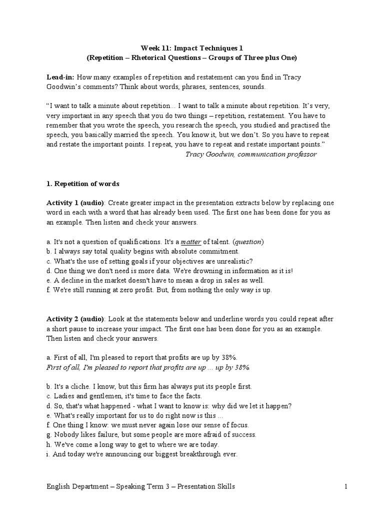 Week 11 - Impact Techniques | PDF | Rhetoric | Speech