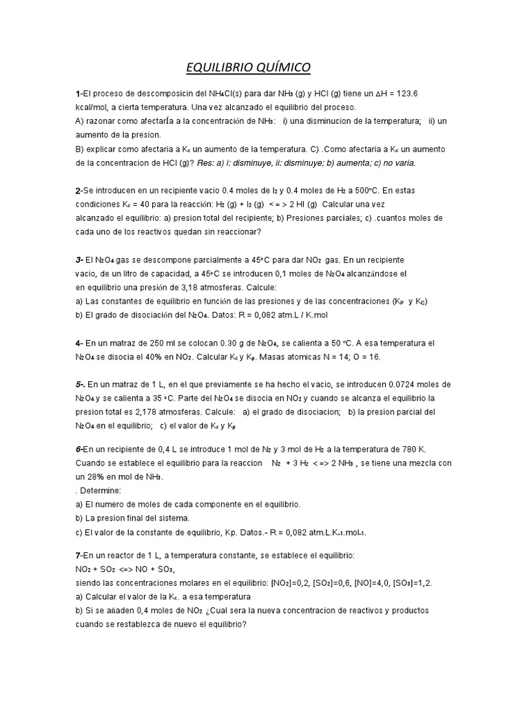 Equilibrio Quimico Ejercicios | PDF | Equilibrio químico | Cantidades fisicas