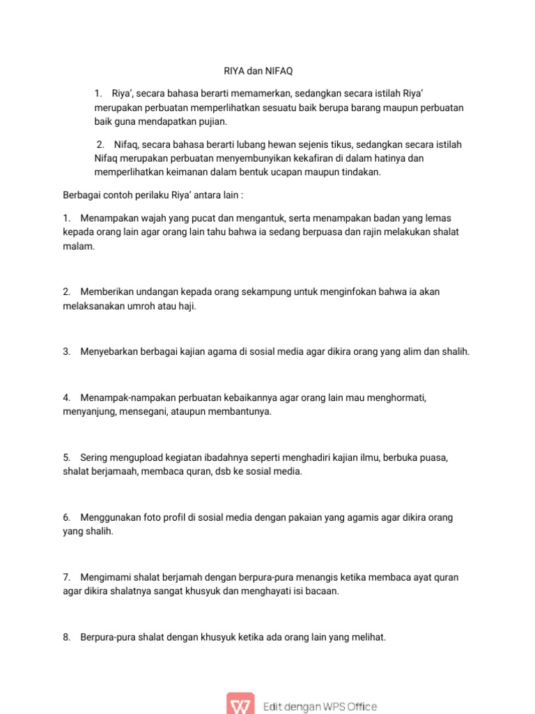 RIYA Dan NIFAQ Akidah Akhlak | PDF | Karier & Perkembangan ...