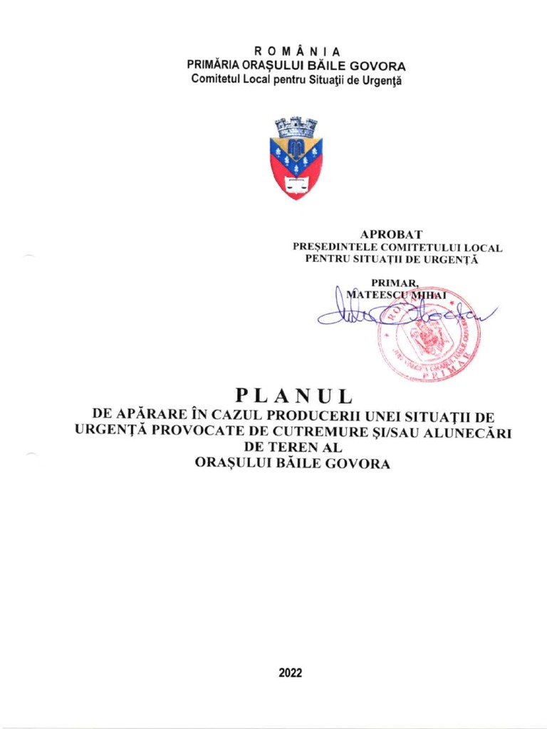 Plan de Aparare in Cazul Producerii de Cutremure Sau Alunecari de Teren in Orasul Baile Govora ...