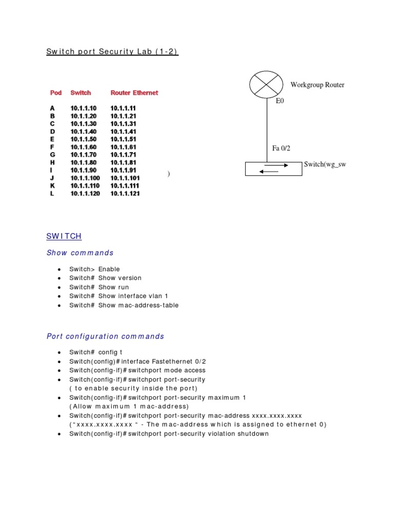 Switch Port Security Lab (1-2) | PDF | Network Switch | Router (Computing)