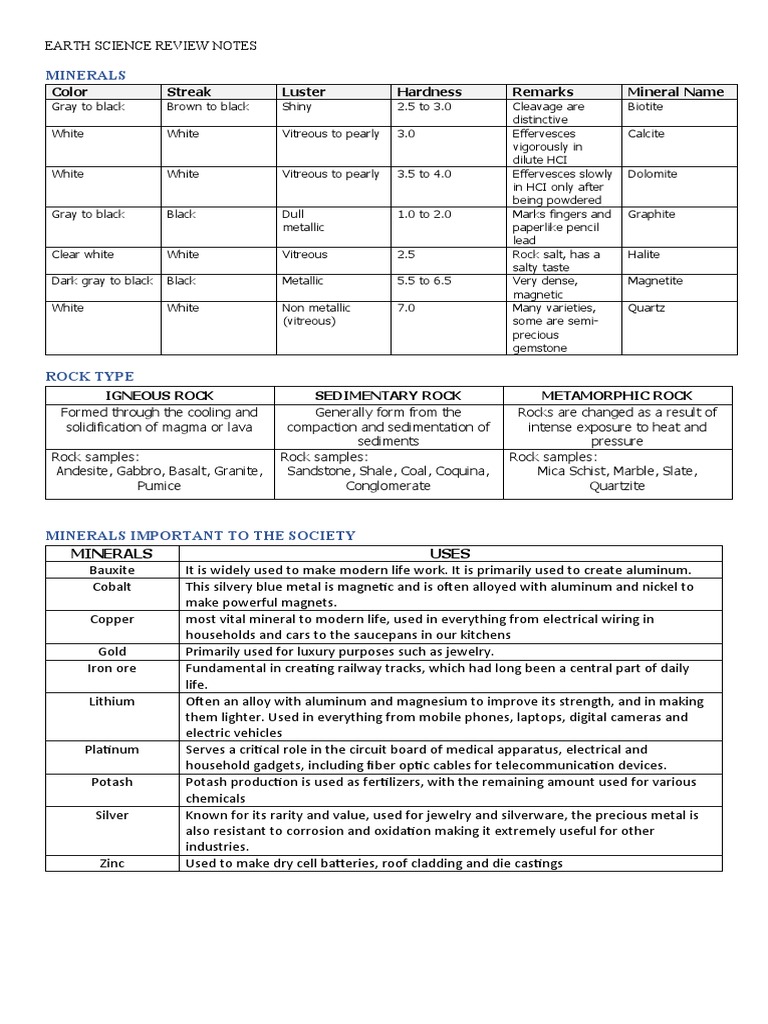 Earth Science Review Notes | PDF | Rock (Geology) | Minerals