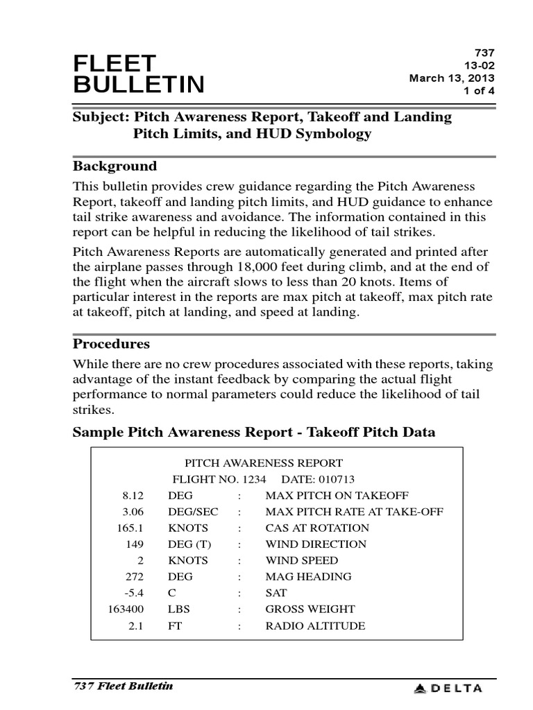 Fleet Bulletin: Subject: Pitch Awareness Report, Takeoff and Landing Pitch Limits, and HUD ...