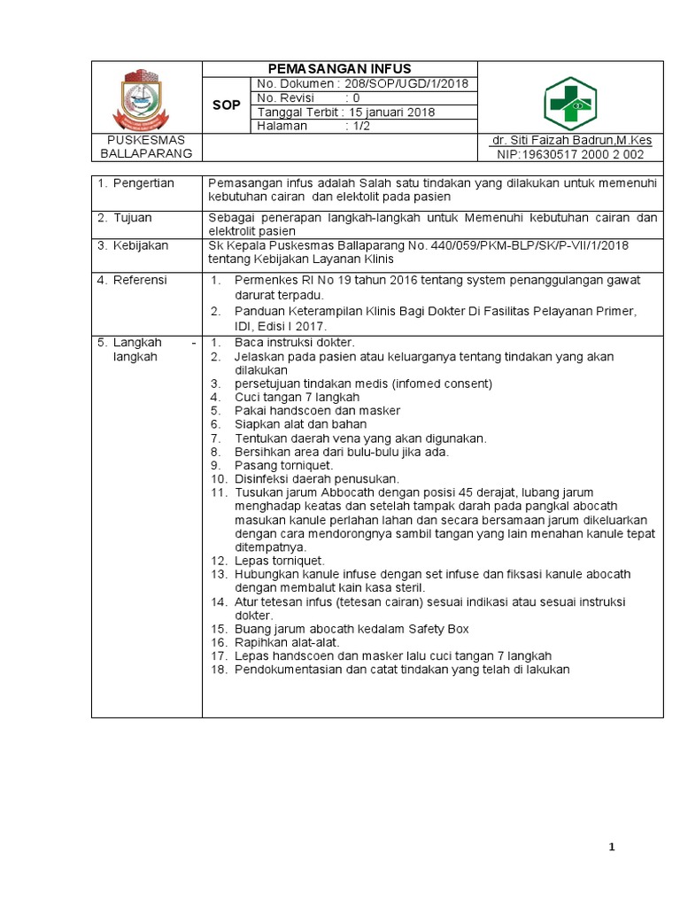 Pemasangan Infus SOP | PDF