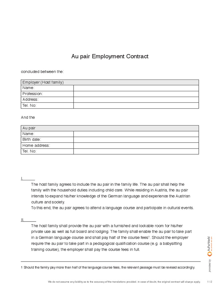 Au Pair Contract Austria English 2020 | PDF | Economies | Business Law