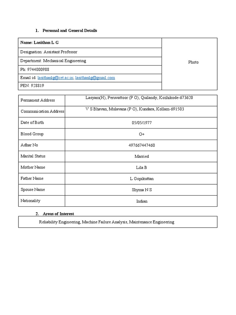 Faculty Profile-Gec Kozhikode-Biodata-Lasithan L G | PDF | Engineering ...