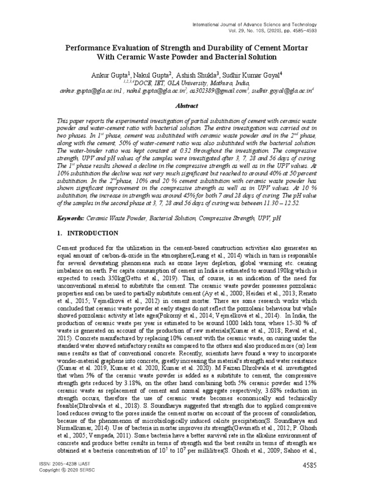 Performance Evaluation of Strength and Durability of Cement Mortar With ...