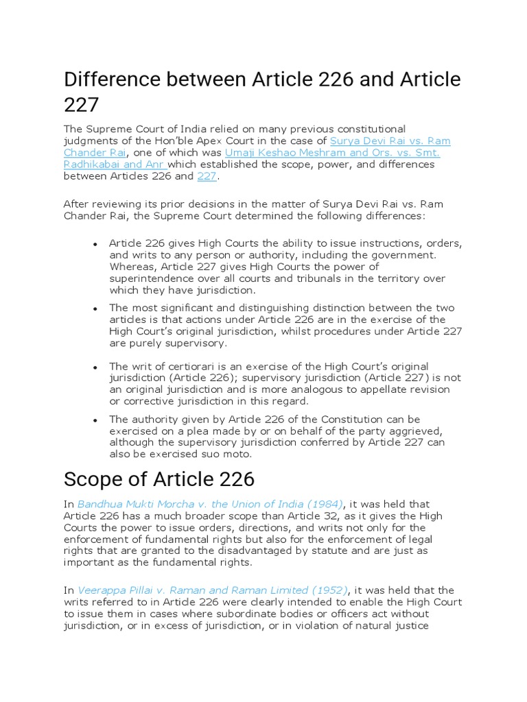 Difference Between Article 226 and Article 227 | PDF | Jurisdiction | Writ