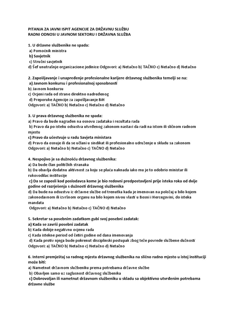 Pitanja Za Javni Ispit Agencije Za Državnu Službu | PDF
