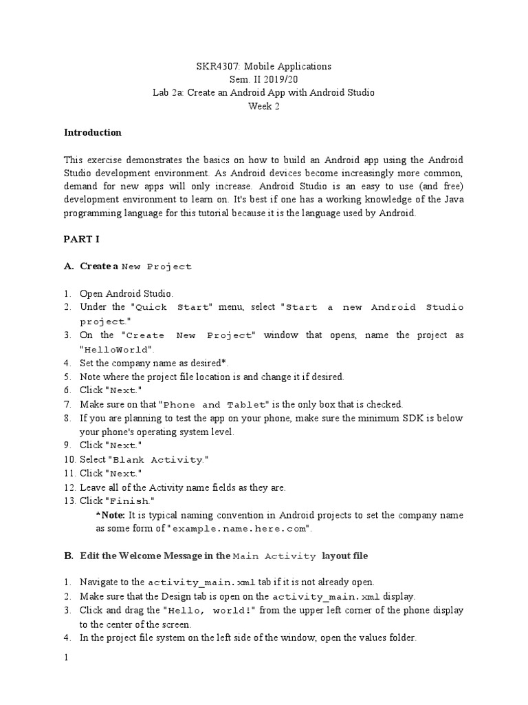 Lab - 2a Create An Android App With Android Studio | PDF | Android ...