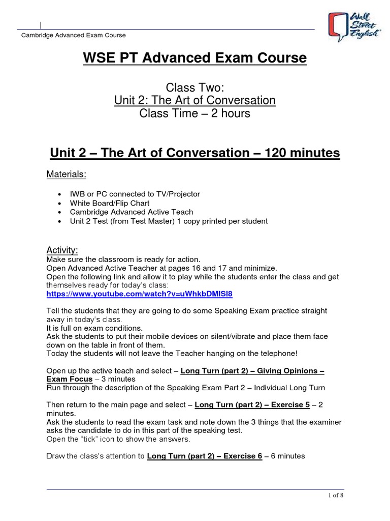 02.WSE PT Advanced Course Class Plan - Unit 2 - The Art of Conversation ...