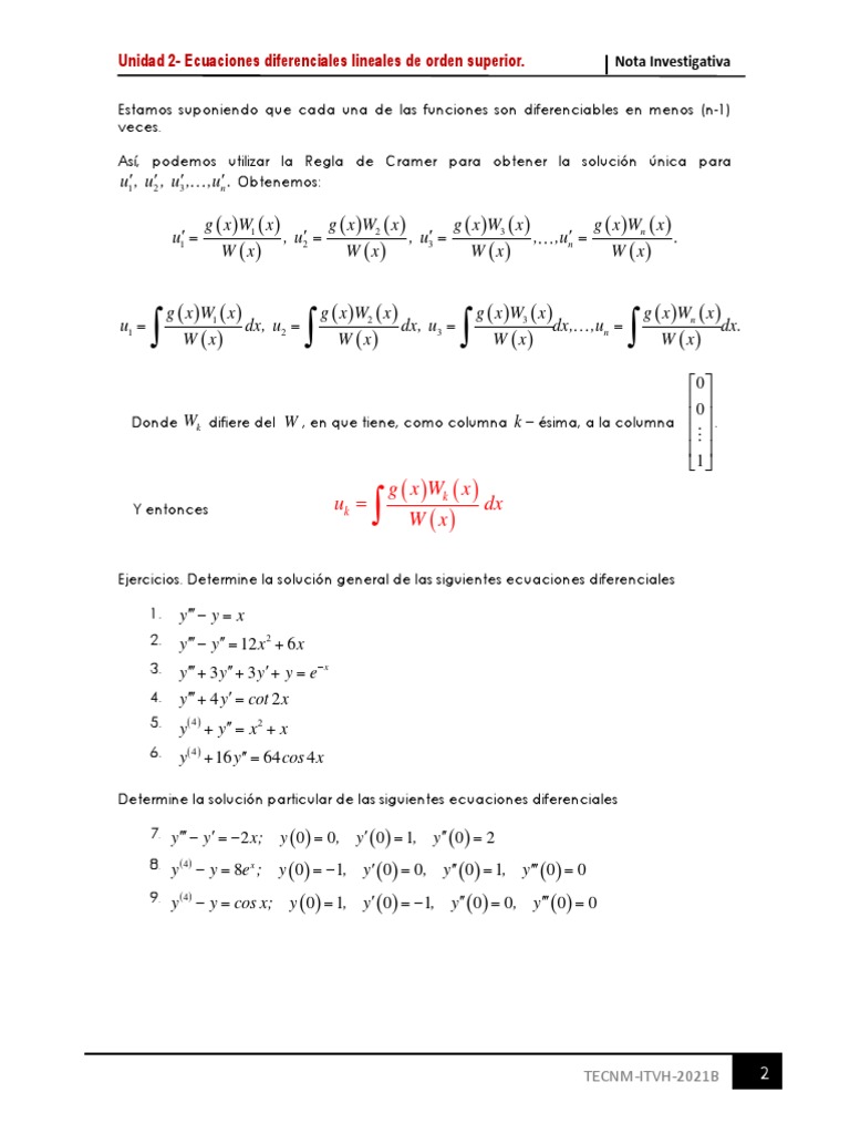 2.3.2 Metodo de Variacion de Parametros-Orden N-Combinado | PDF | Ecuaciones | Sustracción