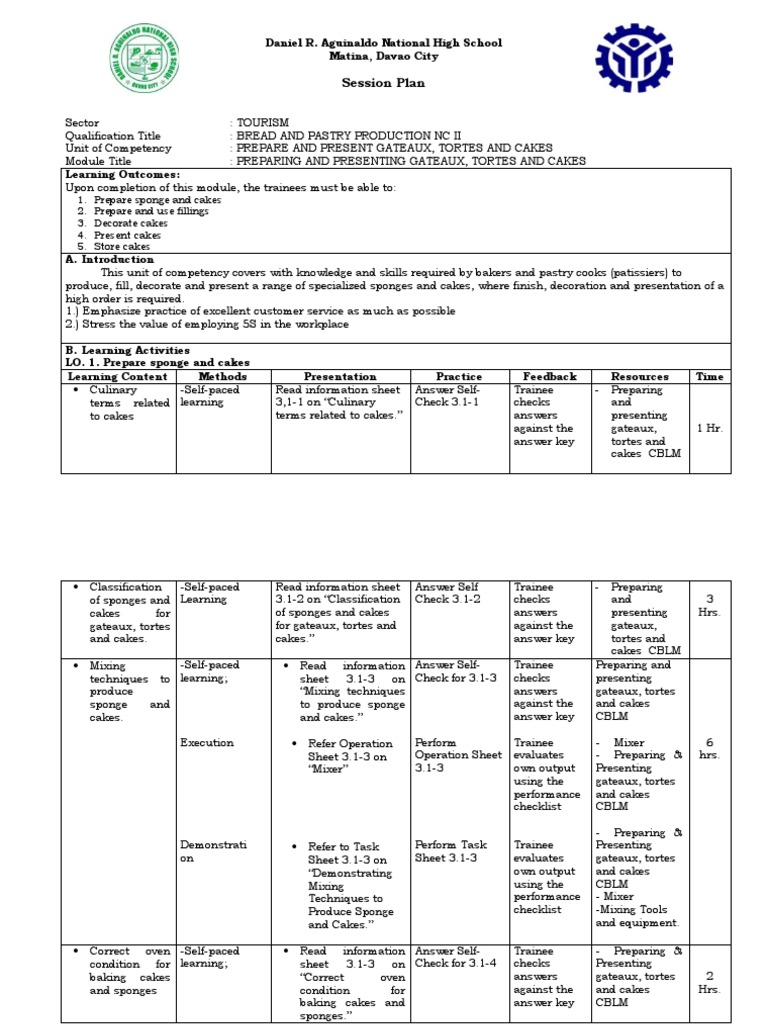 03 Sample Session Plan BPP NC II 0714 | PDF | Cakes | Baking