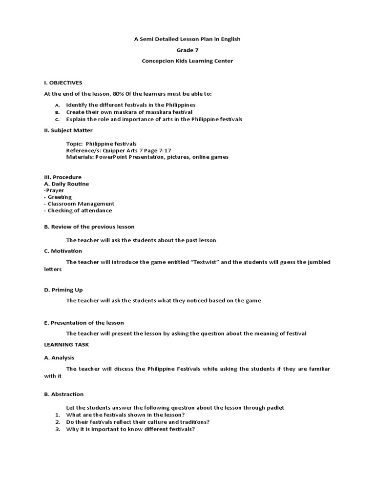 Semi-Detailed-Lesson-Plan-CKLC-Philippine Festivals | PDF | Festival ...
