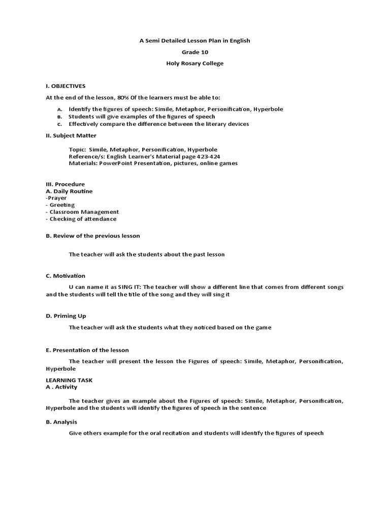 Semi-Detailed-Lesson-Plan-HRC-Figures of Speech | PDF | Lesson Plan ...