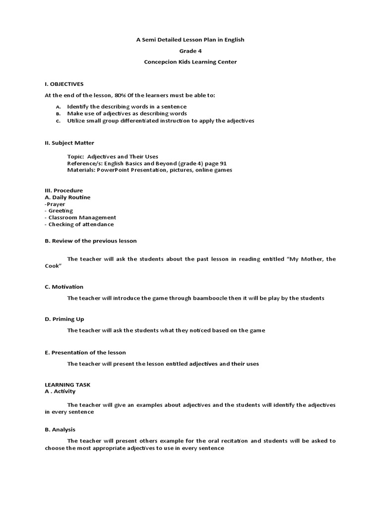 Semi Detailed Lesson Plan CKLC Adjectives | PDF | Lesson Plan | Teachers