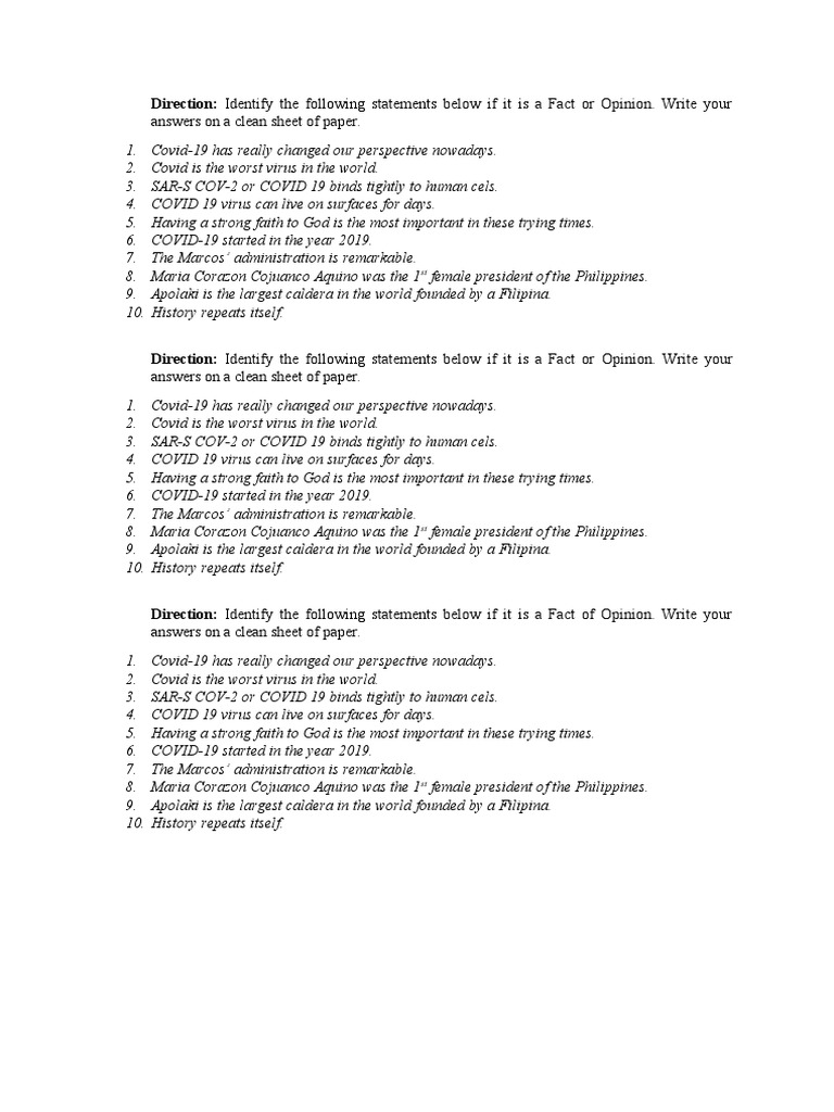 Fact or Opinion Quiz Instructions | PDF