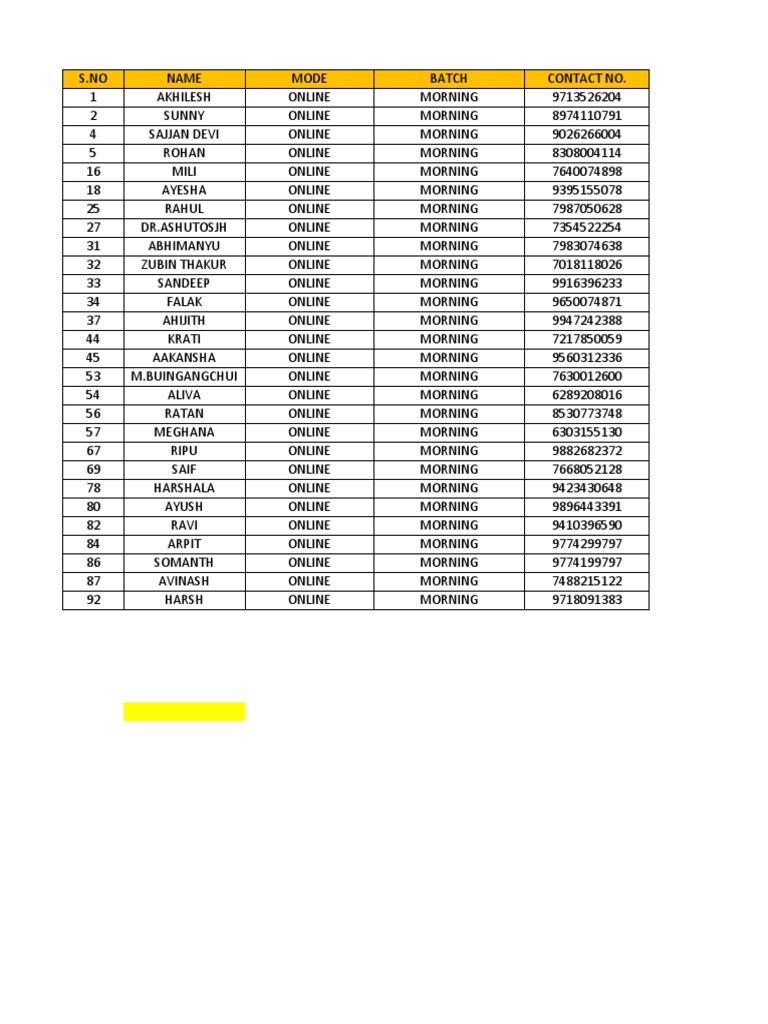 Student Contact List with Name, Mode, Batch and Contact Number | PDF