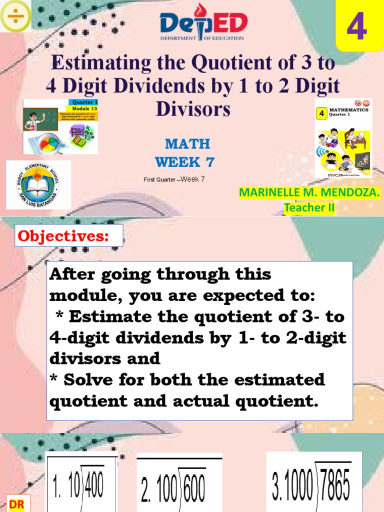 Math Quarter 1 Week 7 | PDF | Division (Mathematics) | Elementary ...