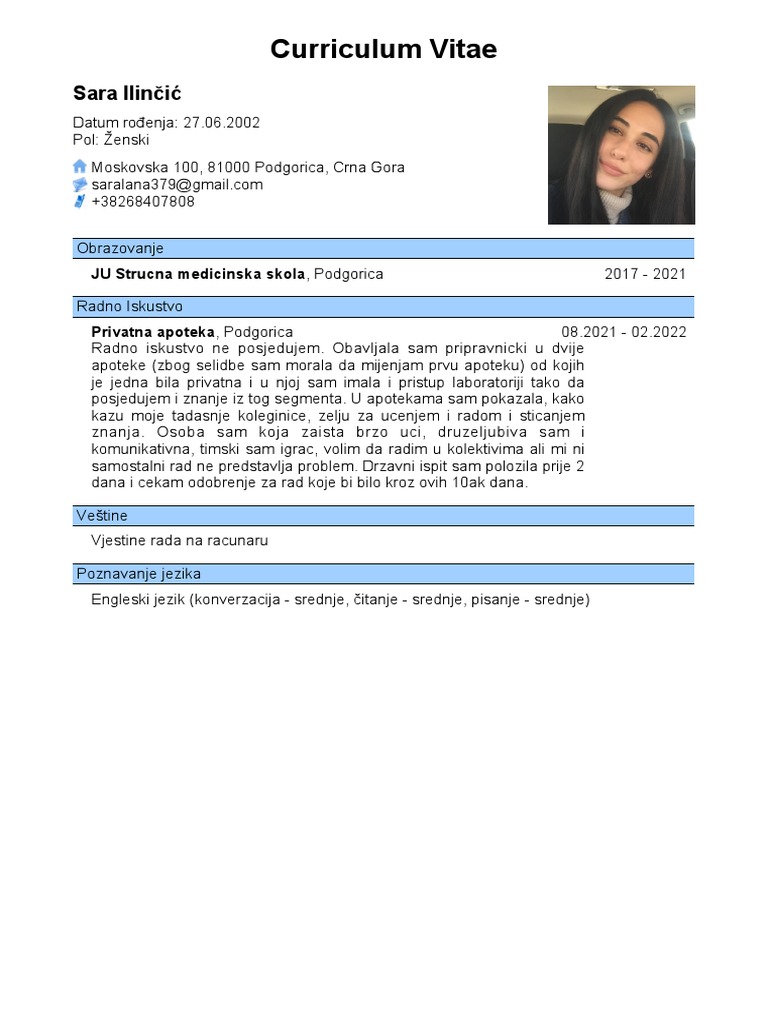 Curriculum Vitae: Sara Ilinčić | PDF
