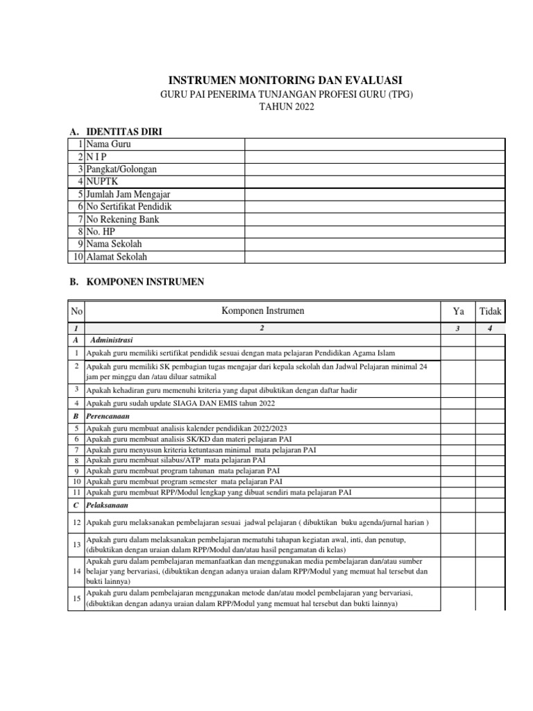 Instrumen Monitoring TPG Gpai Untuk Guru | PDF