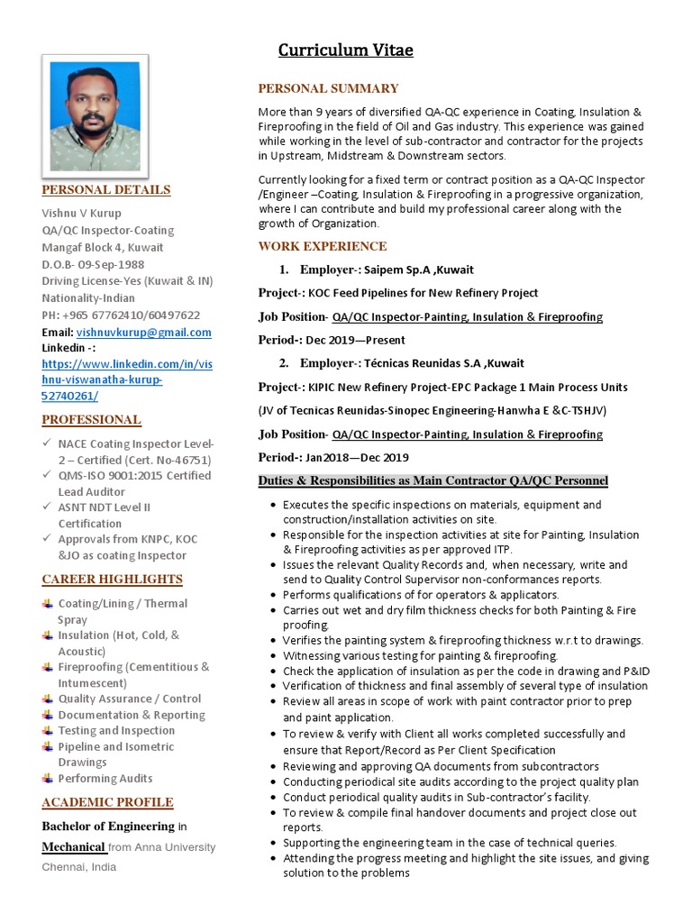 1.0 CV-Vishnu V Kurup PDF | PDF | Specification (Technical Standard) | Pipe (Fluid Conveyance)