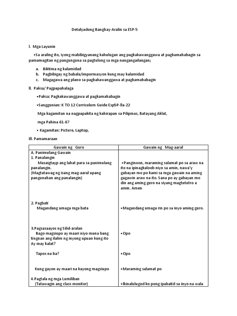 Detalyadong Banghay-Aralin Sa ESP-5 | PDF