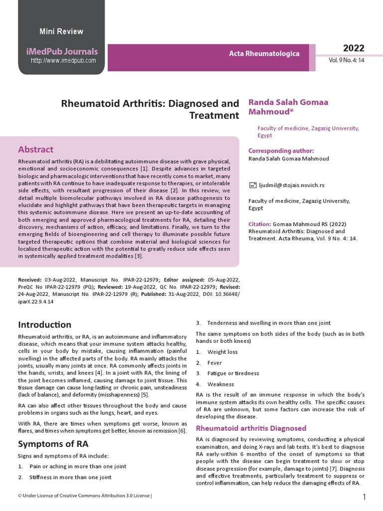 Rheumatoid Arthritis Diagnosed and Treatment | PDF | Arthritis ...