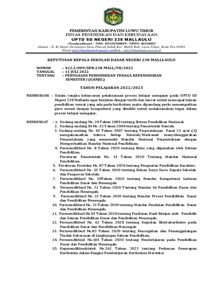 SK Pembagian Tugas TP 2022-2023 | PDF