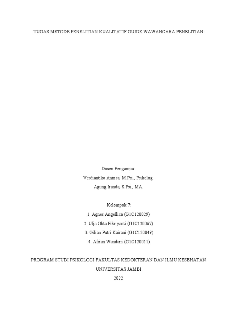 Tugas Metode Penelitian Kualitatif Guide Wawancara Penelitian | PDF