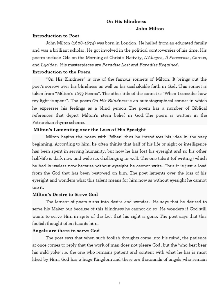 Summary of Milton's "On His Blindness" | PDF | John Milton | Poetry
