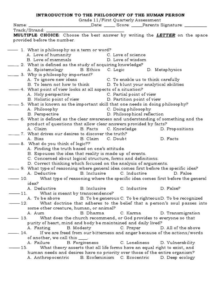 Grade 11 Philosophy Quarterly Exam | PDF | Logic | Idea