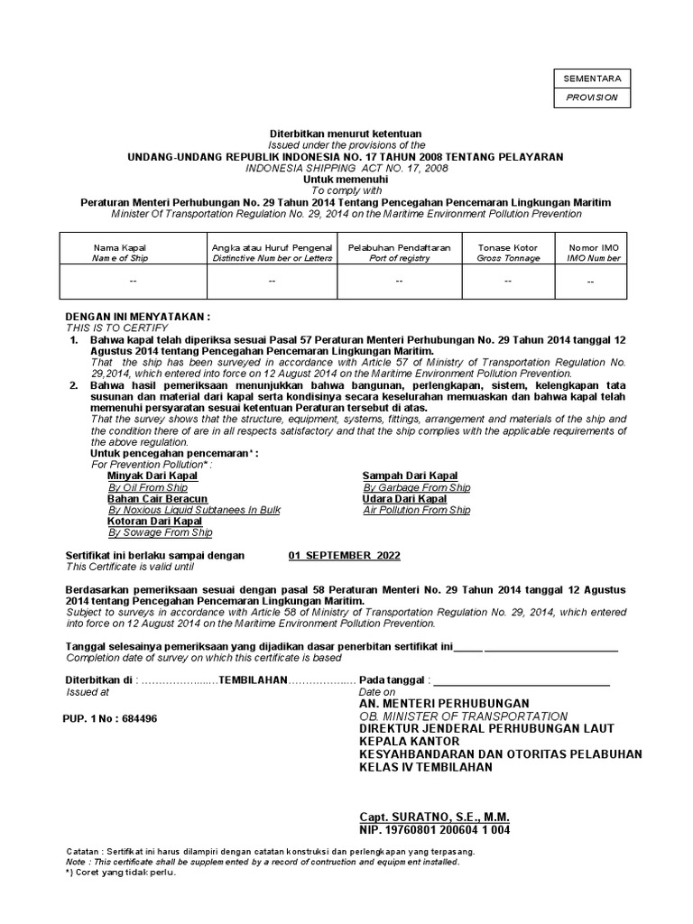 Sertifikat Pencegahan Pencemaran Kapal | PDF