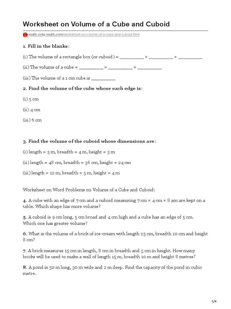 Worksheet On Volume of A Cube and Cuboid | PDF | Length | Volume