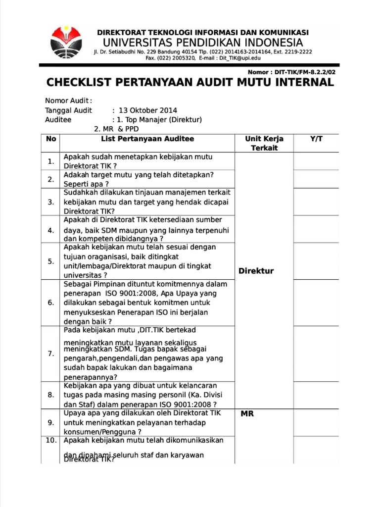 PDF Checklist Audit Mutu Internal - Compress | PDF