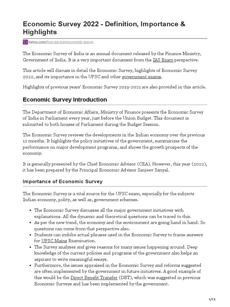 Economic Survey 2022 - Definition Importance Amp Highlights | PDF ...