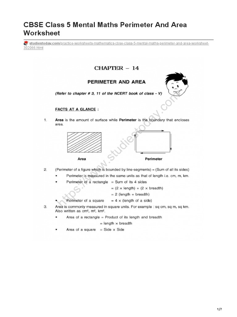 CBSE Class 5 Mental Maths Perimeter and Area Worksheet | PDF