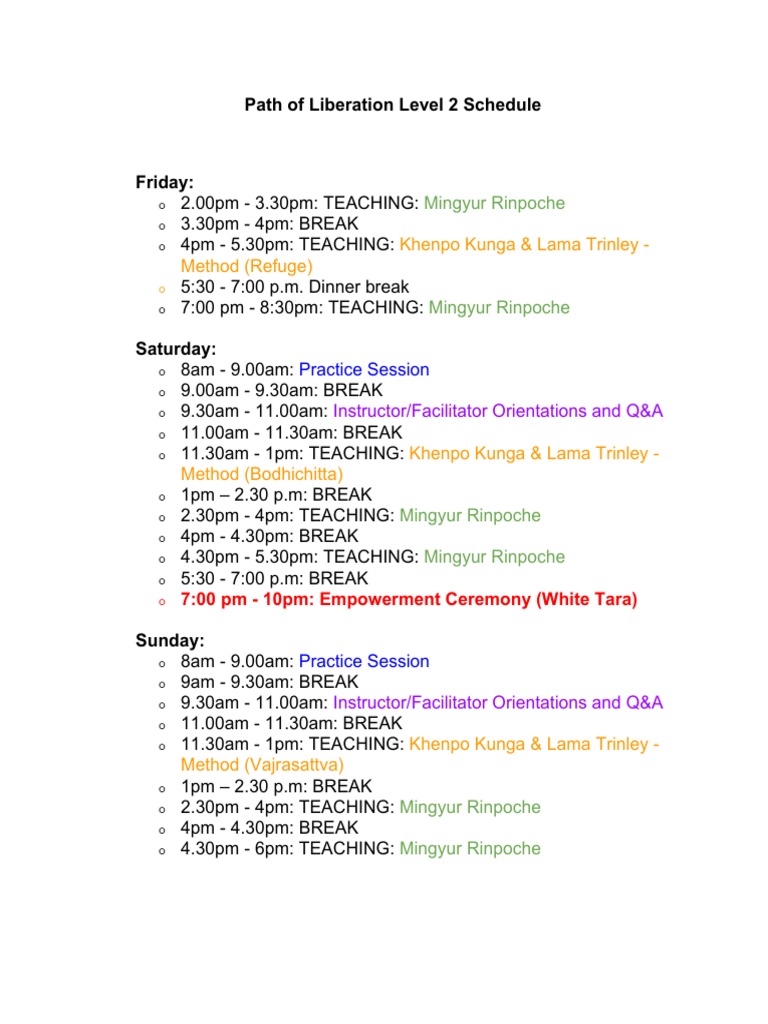 Schedule - Path of Liberation Level 2 | PDF