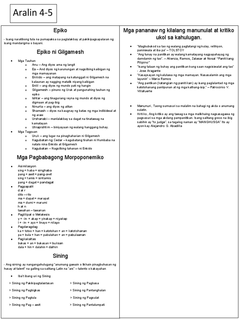Filipino Notes GR 10 Q1 | PDF