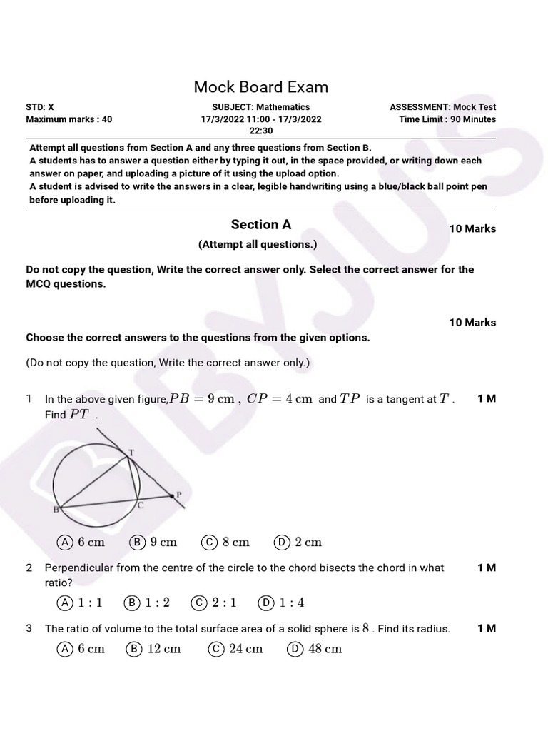 ICSE Class 10 Mathematics Sample Mock Paper Term 2 Exam 2021 22 | PDF | Circle | Area
